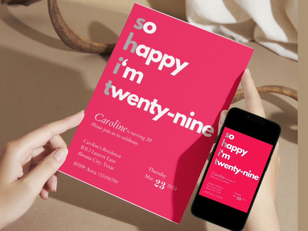 29th Printable Editable Invitation, 29th Birthday Invitation, Hot Pink ...