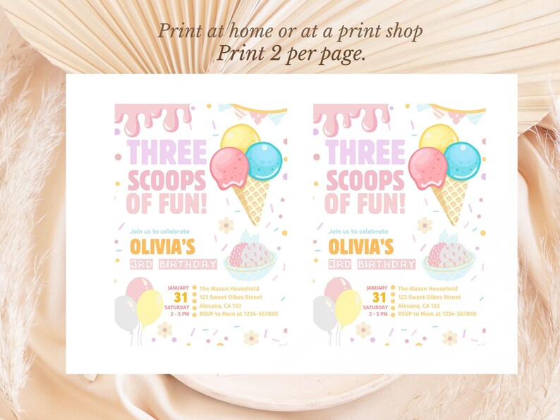 Three Scoops of Fun Birthday Invitation, Ice Cream 3rd Birthday Invite ...