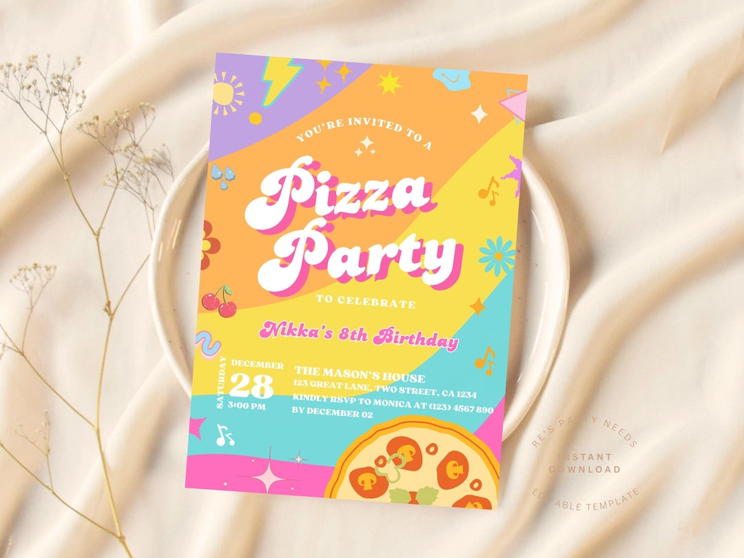 Pizza Party Invitation | Retro Pizza Birthday | EDITABLE, INSTANT ...