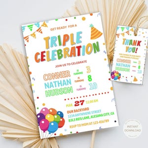 TRIPLE CELEBRATION Birthday Invitatio, Three Kids Birthday Invitation ...