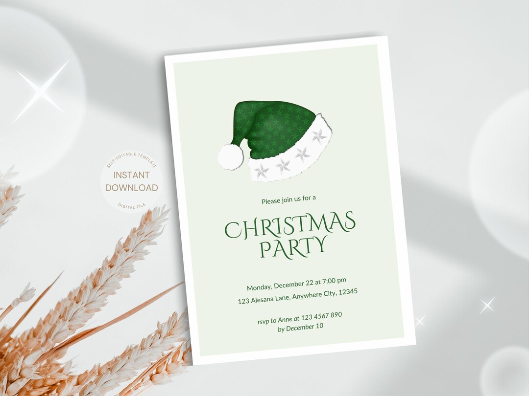 Green Hat Christmas Party Invitation Holiday Party Invite Printable ...
