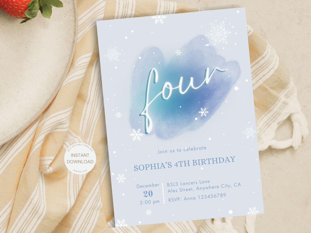 Winter Fourth Birthday Invitation, 4th Birthday Invitation, Winter Snow ...