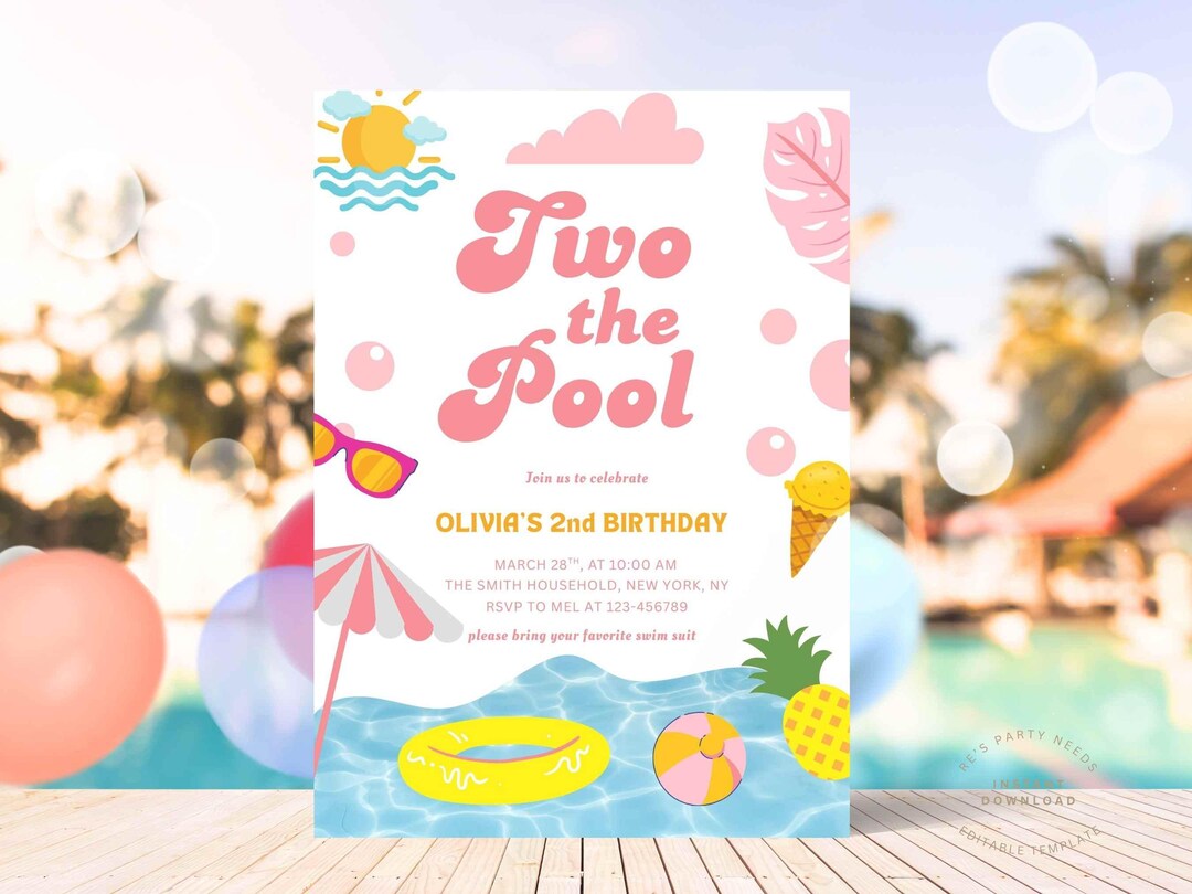 Editable Preppy Pool Party Girl 2nd Birthday Invitation Preppy Birthday ...