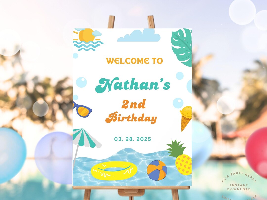 Editable Boy Pool Welcome Sign Tropical Summer Splish Splash Birthday ...