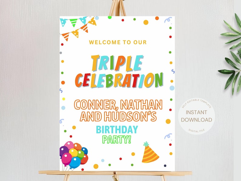 TRIPLE CELEBRATION Birthday Welcome Sign, Three Kids Birthday ...