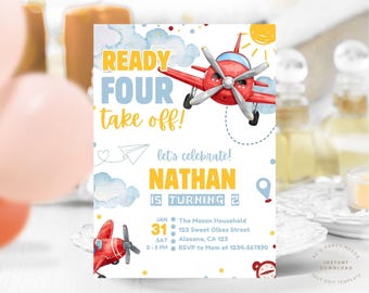 Airplanes 4th Birthday Boy Invitation, Ready Four Take off Plane 4th ...