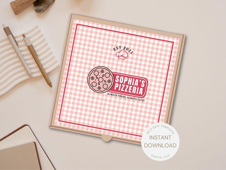 Editable Pink Gingham Minimalist Pizza Box Label Template, Pink Pizza ...