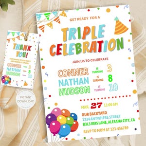 TRIPLE CELEBRATION Birthday Invitatio, Three Kids Birthday Invitation ...