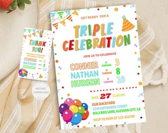 TRIPLE CELEBRATION Birthday Invitation Template, Three Kids Birthday ...