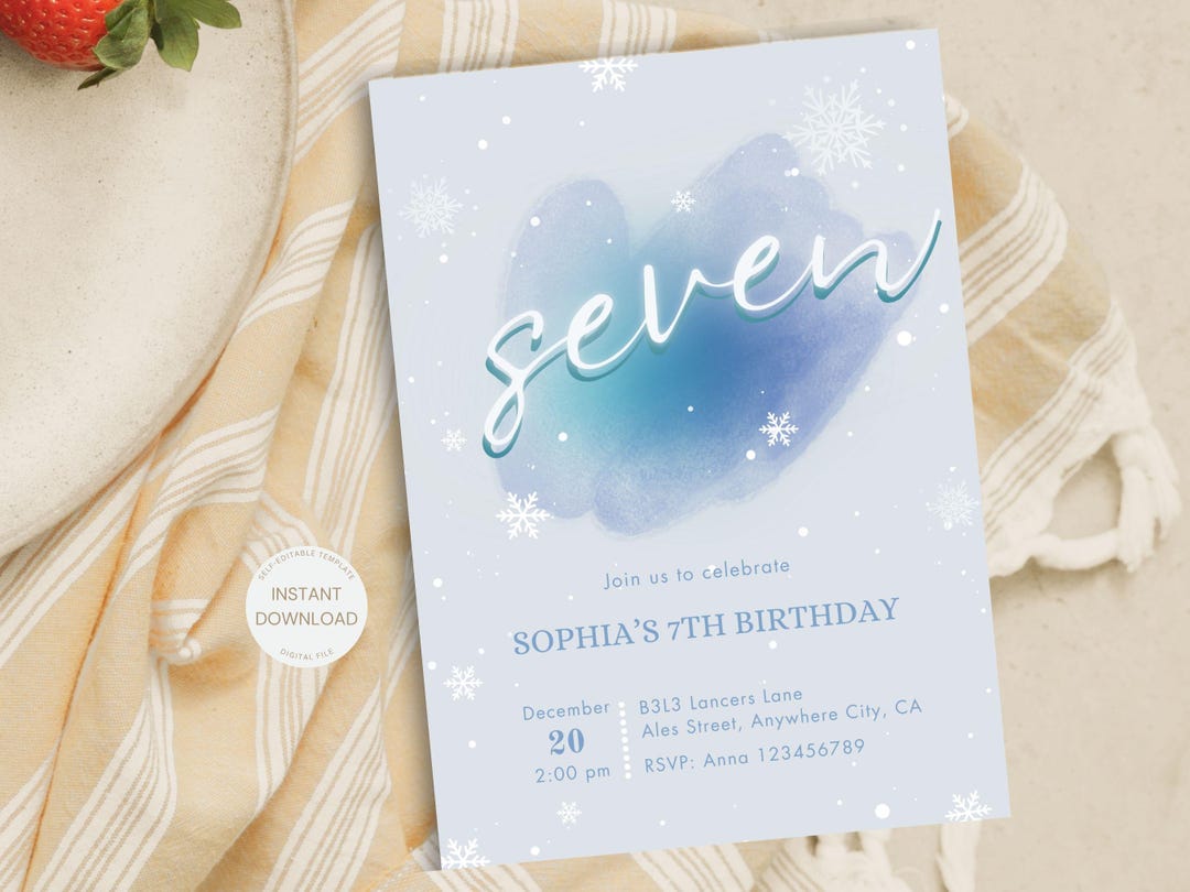 Winter Seventh Birthday Invitation, 7th Birthday Invitation, Winter ...