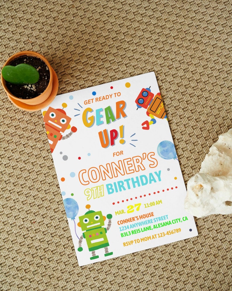 Robot Birthday Party Invitation, Robot Gears Birthday Party Invitation ...