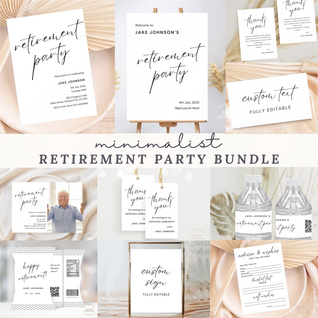 Editable Retirement Party Bundle, Minimalist Retirement Decorations ...