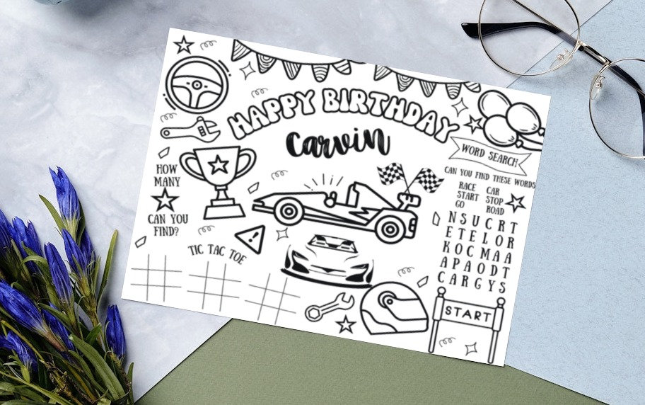 Editable Race Car Coloring Page Fast One Birthday Party Activity Custom ...