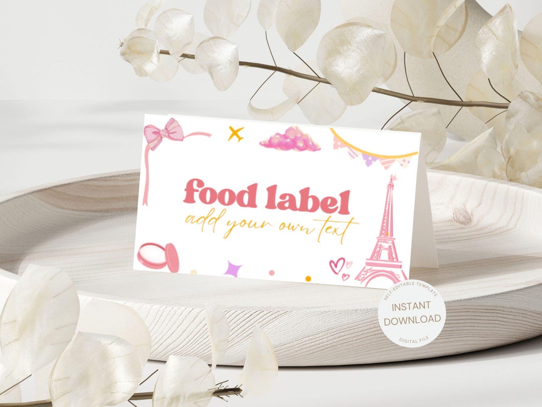 Paris Birthday Food Labels Template, Pink Parisian Cafe Place Card ...