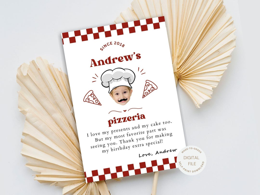 Checkered Pizza Party Thank You Card With Photo, Pizza Birthday ...