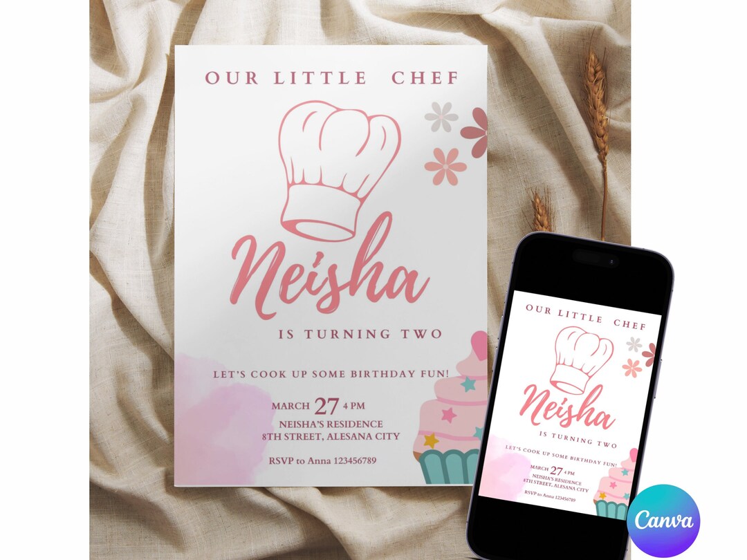 Girl Little Chef Birthday Invitation Little Chef Birthday Cute Invite ...