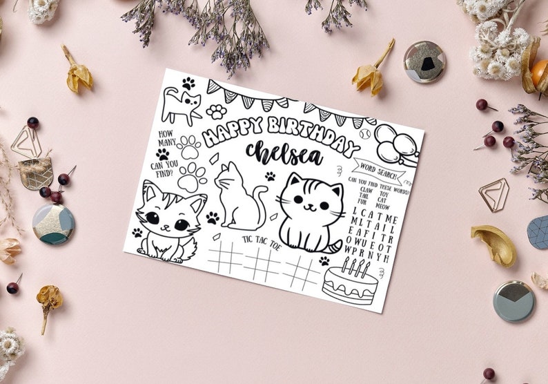Personalized Cat Activity Sheet, Cat Theme Placemats, Cat Coloring Page ...