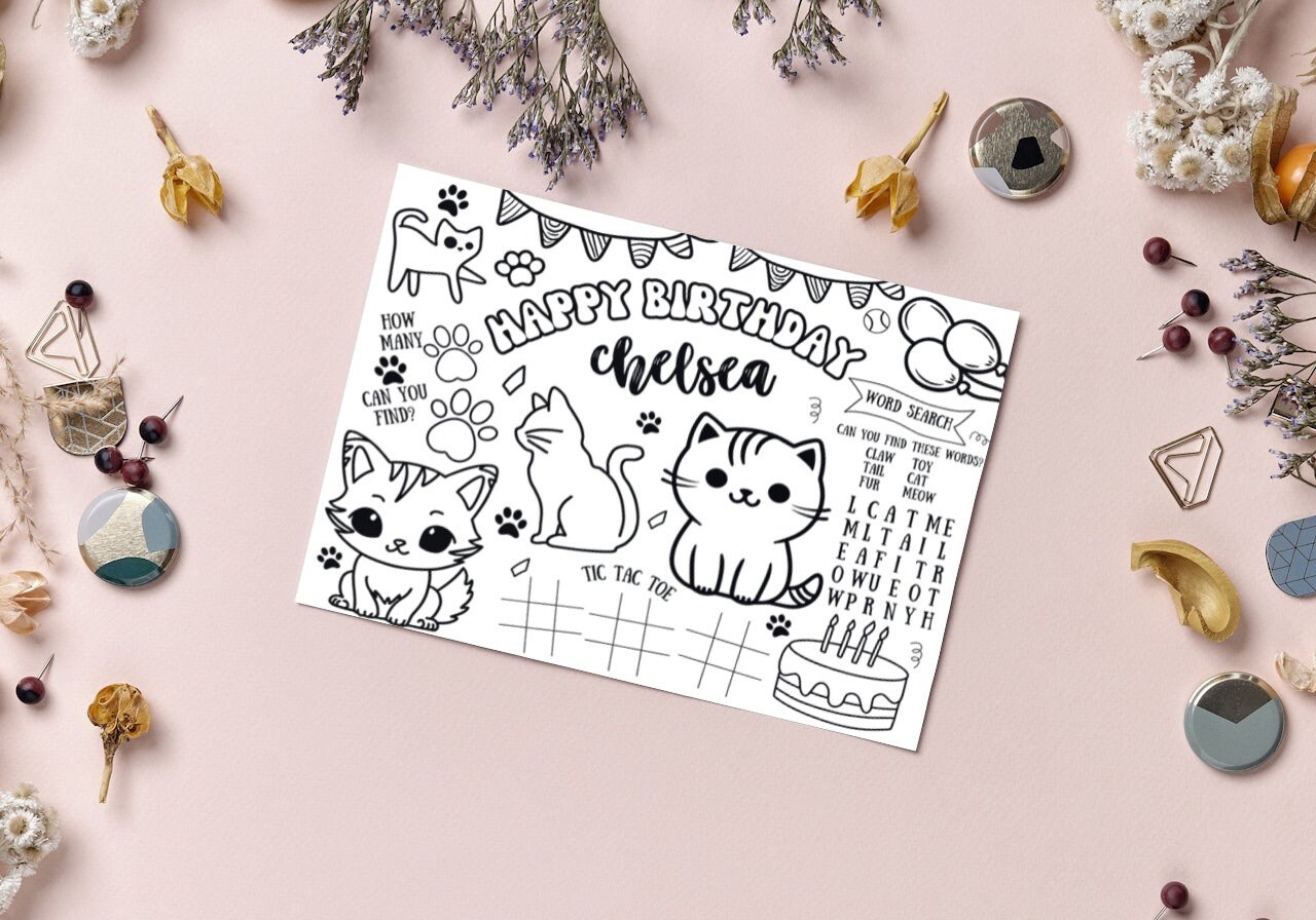 Personalized Cat Activity Sheet, Cat Theme Placemats, Cat Coloring Page ...