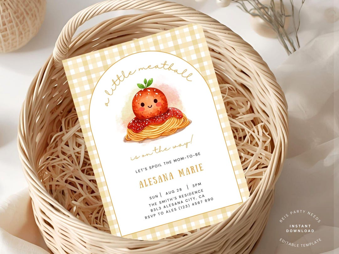 Editable A Little Meatball Baby Shower Invitation, Gingham Italian ...