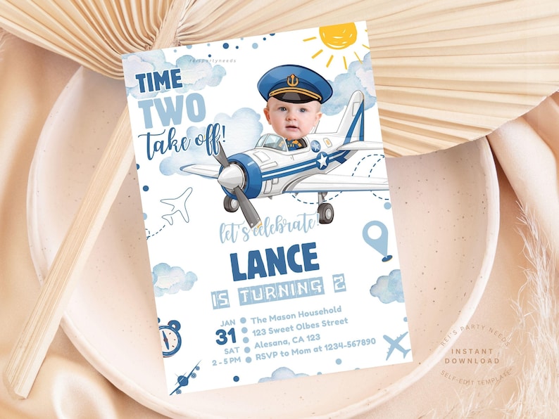 Custom Face Airplane Birthday Invitation, Modern Plane Invitation ...