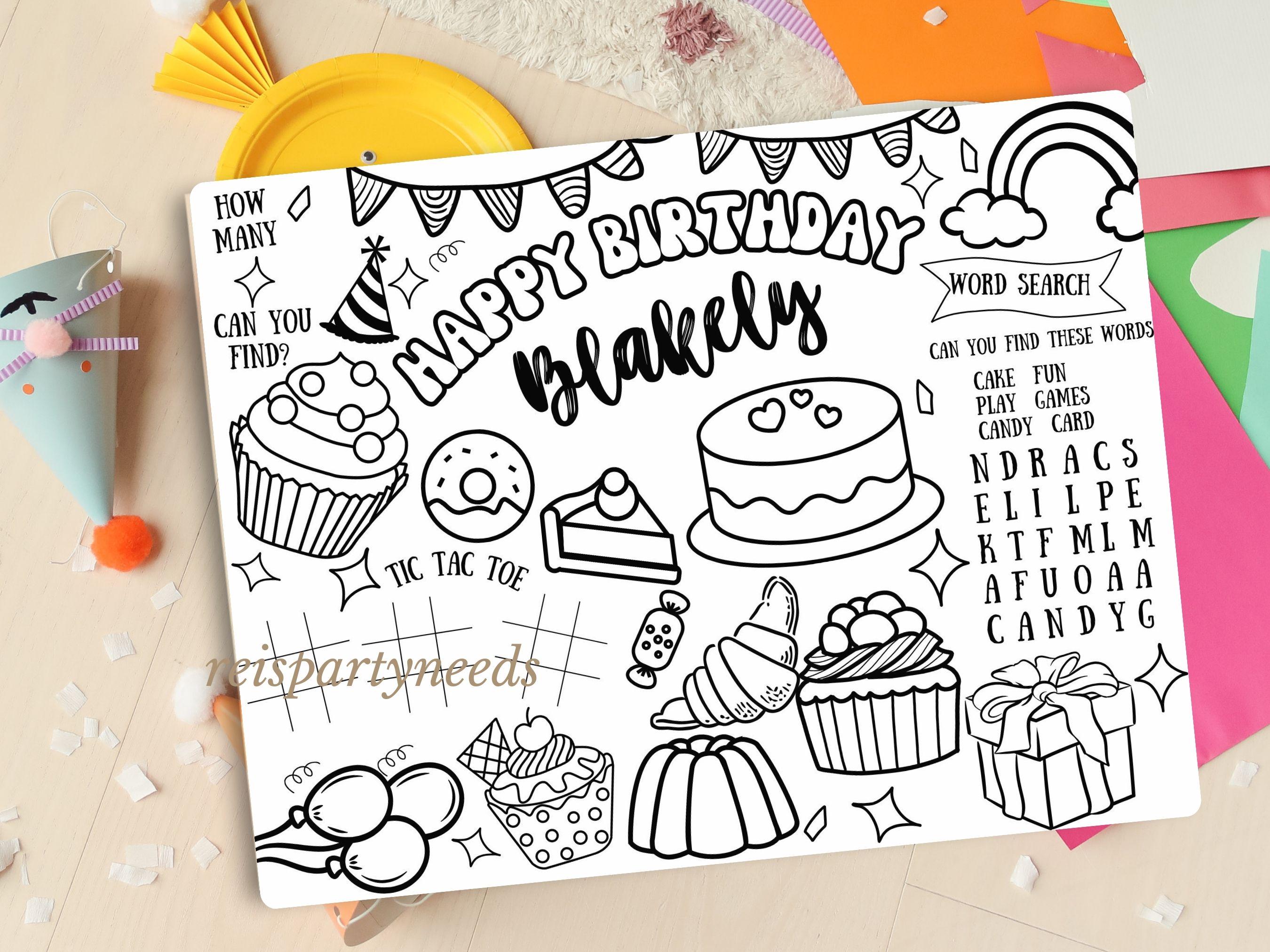 Printable Custom Name Birthday Party Coloring Placemat for Kids ...