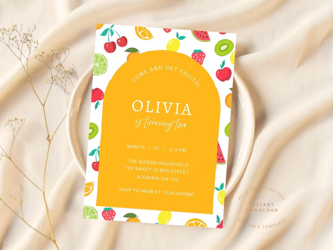 Orange Tutti Frutti Birthday Invitation, Cute Fruits Birthday Party ...