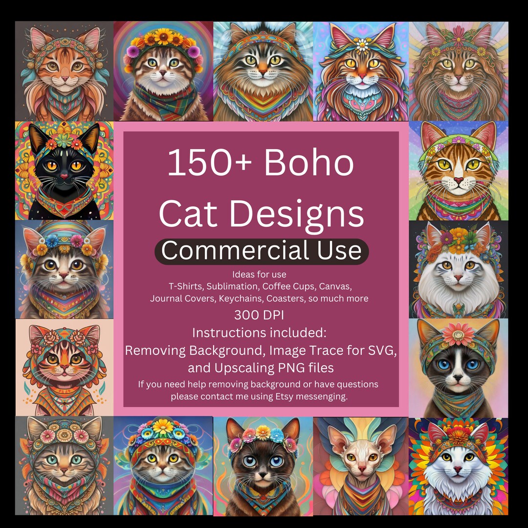 Boho Cat Clipart Bundle, 150+ Cat Clipart Sublimation Designs, Cat ...