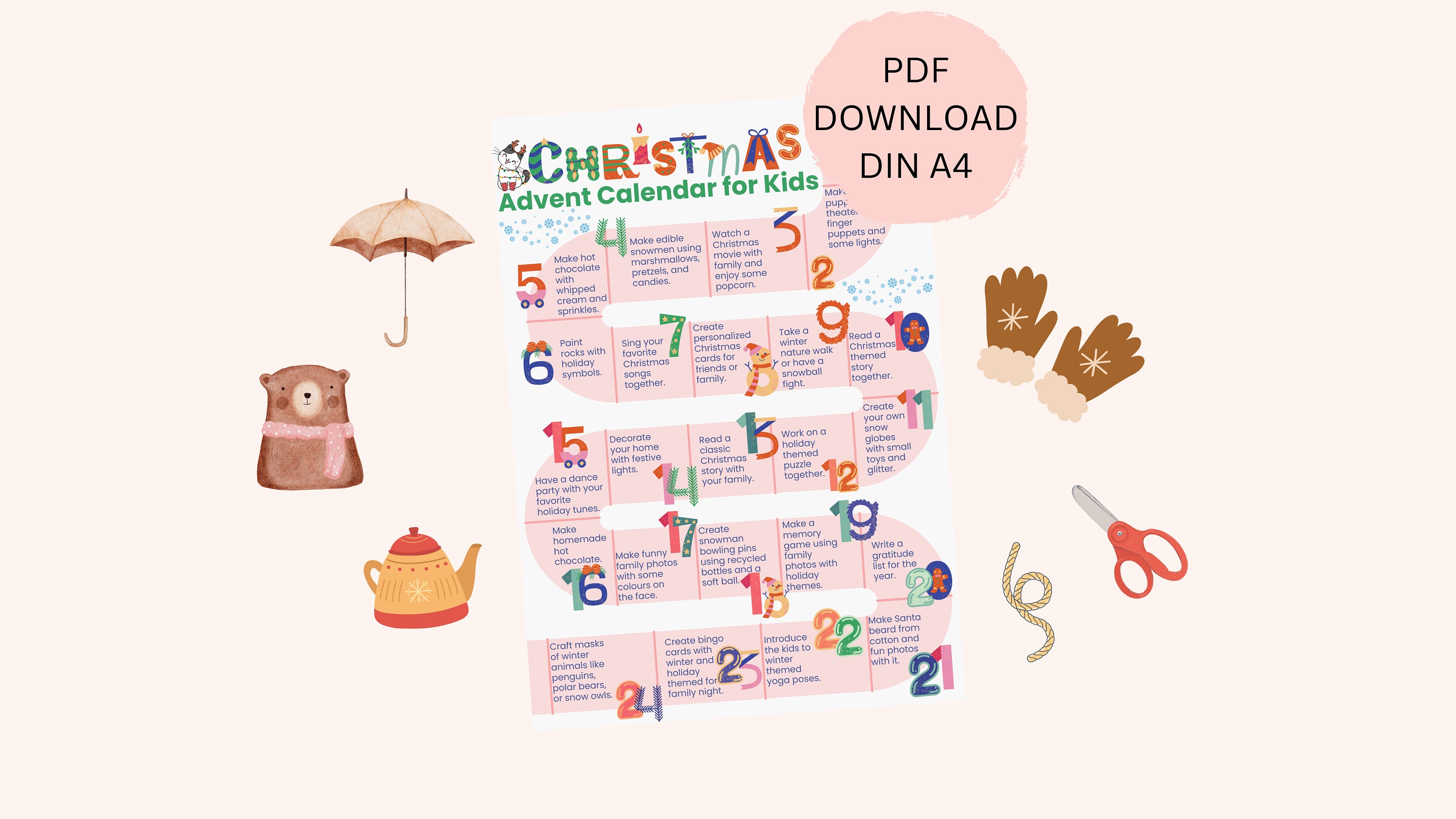 PDF Advent Calendar for Children to Print Out DIY Calendar - Etsy