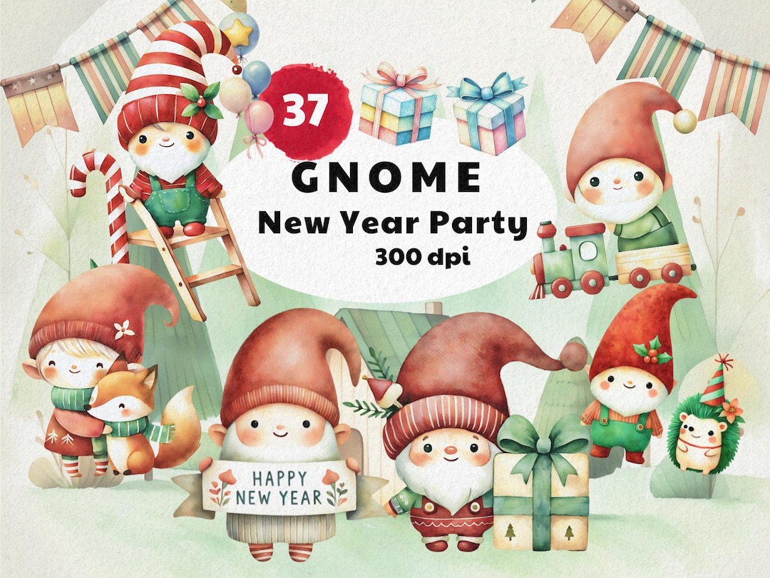Gnome New Year Party Clipart L Adorable Festive Gnome in PNG Watercolor ...
