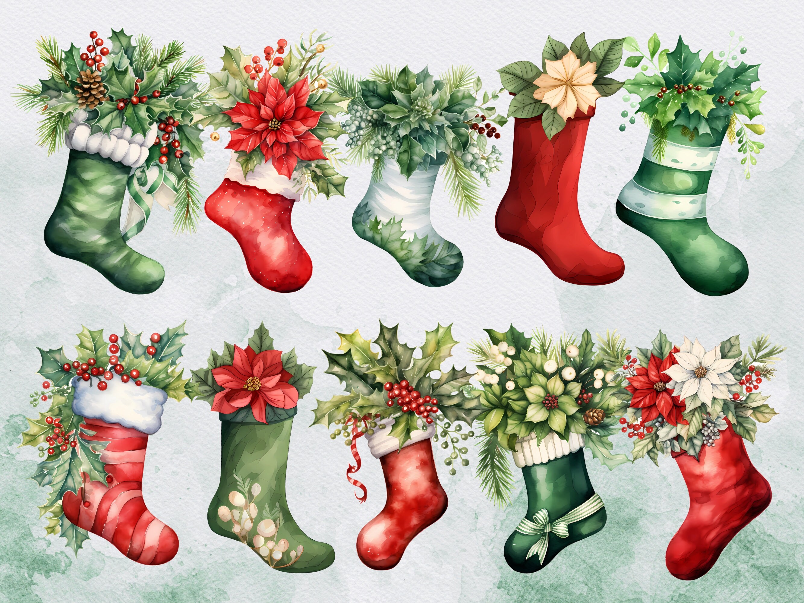 Christmas Stocking Clipart, Christmas Clipart, Watercolor Christmas ...