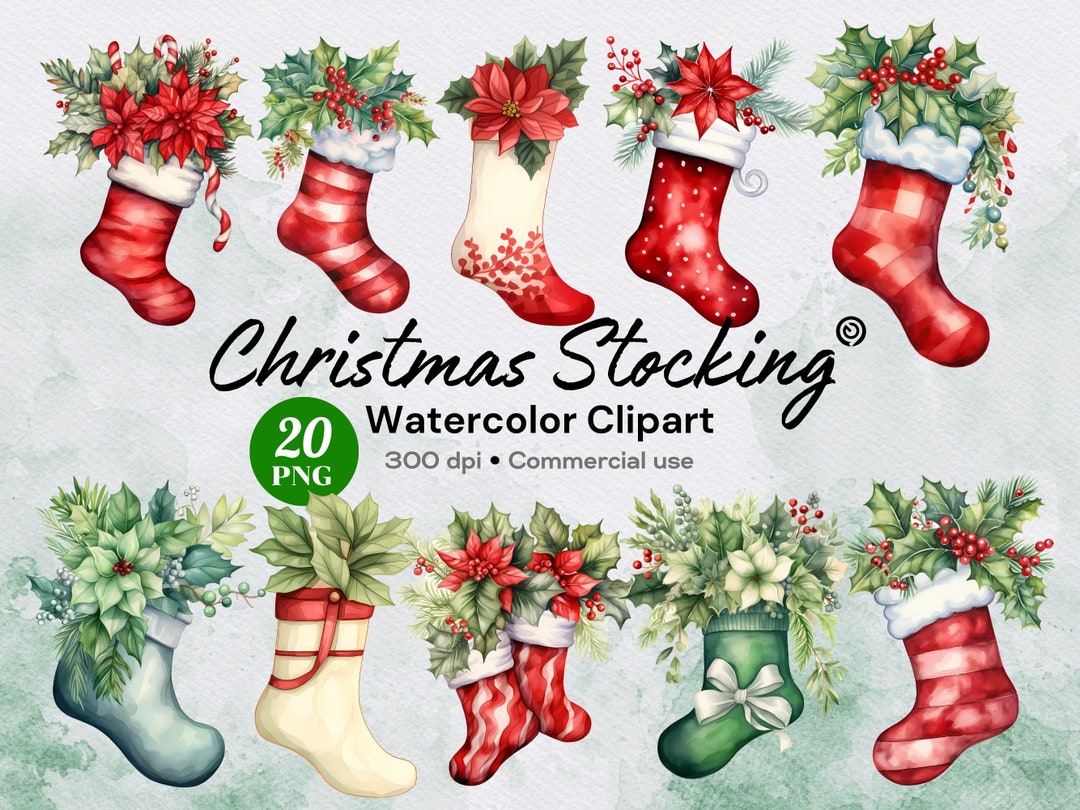Christmas Stocking Clipart, Christmas Clipart, Watercolor Christmas ...