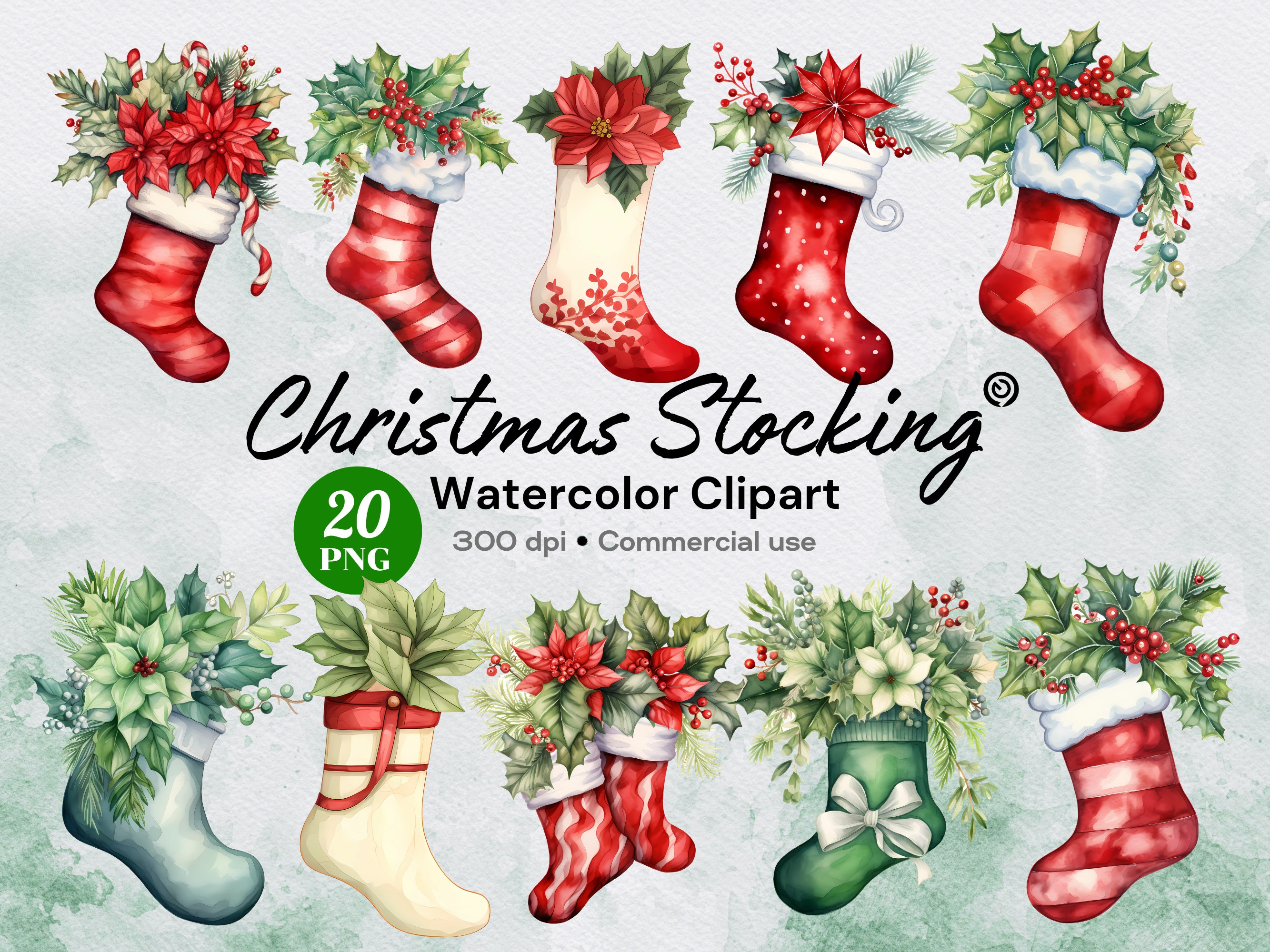 Christmas Stocking Clipart, Christmas Clipart, Watercolor Christmas ...