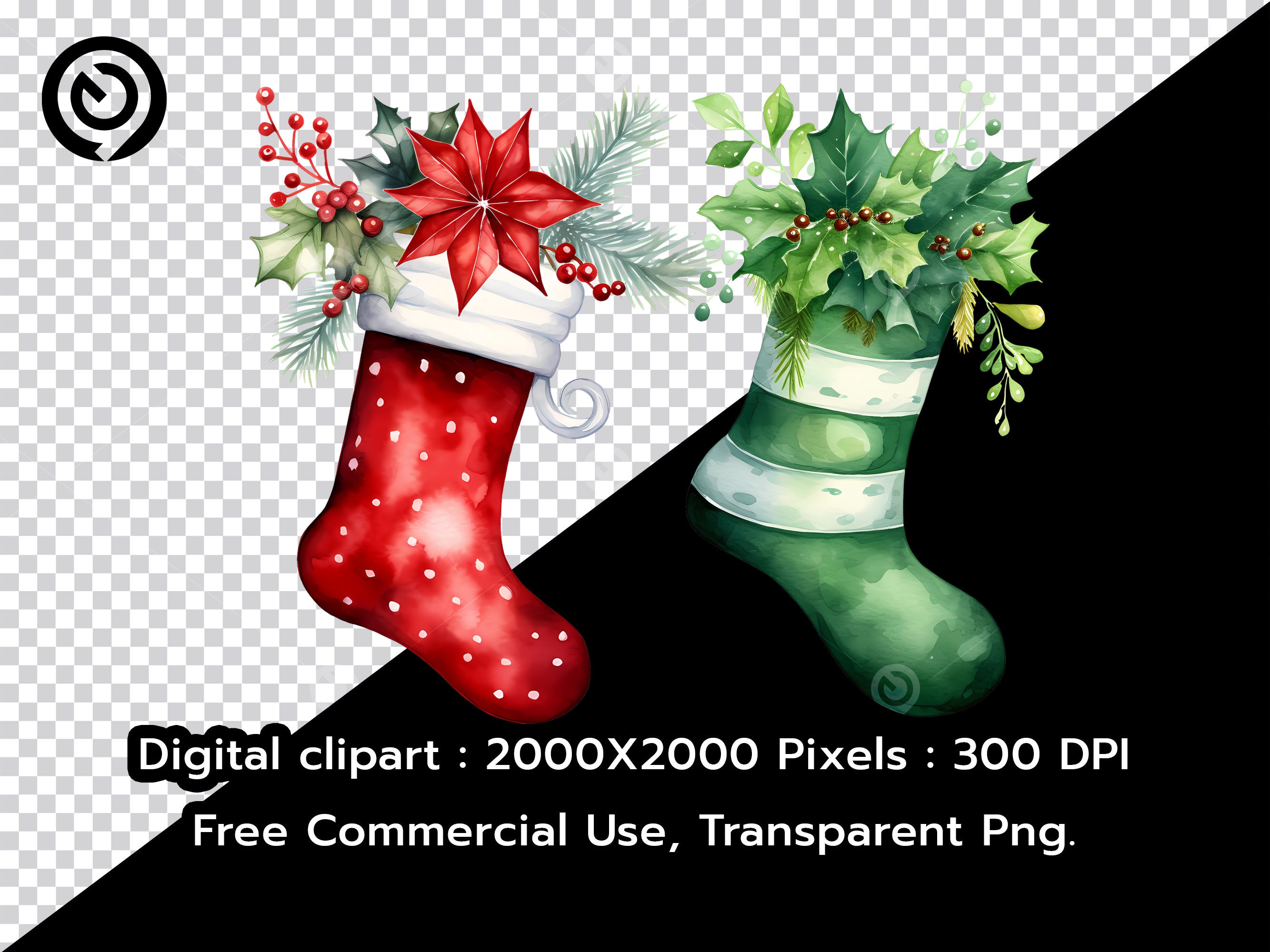 Christmas Stocking Clipart, Christmas Clipart, Watercolor Christmas ...