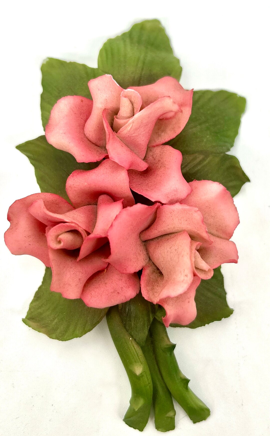 Vintage Capodimonte Porcelain Three Pink Rose With Green Leaves and ...