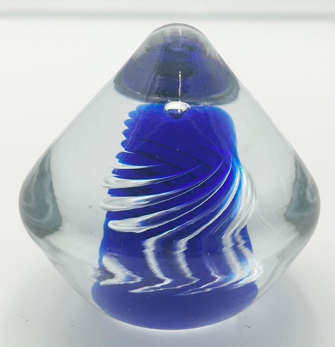 Blenko Art Glass Clear & Cobalt Blue Air Bubble Swirl Cone Shaped ...