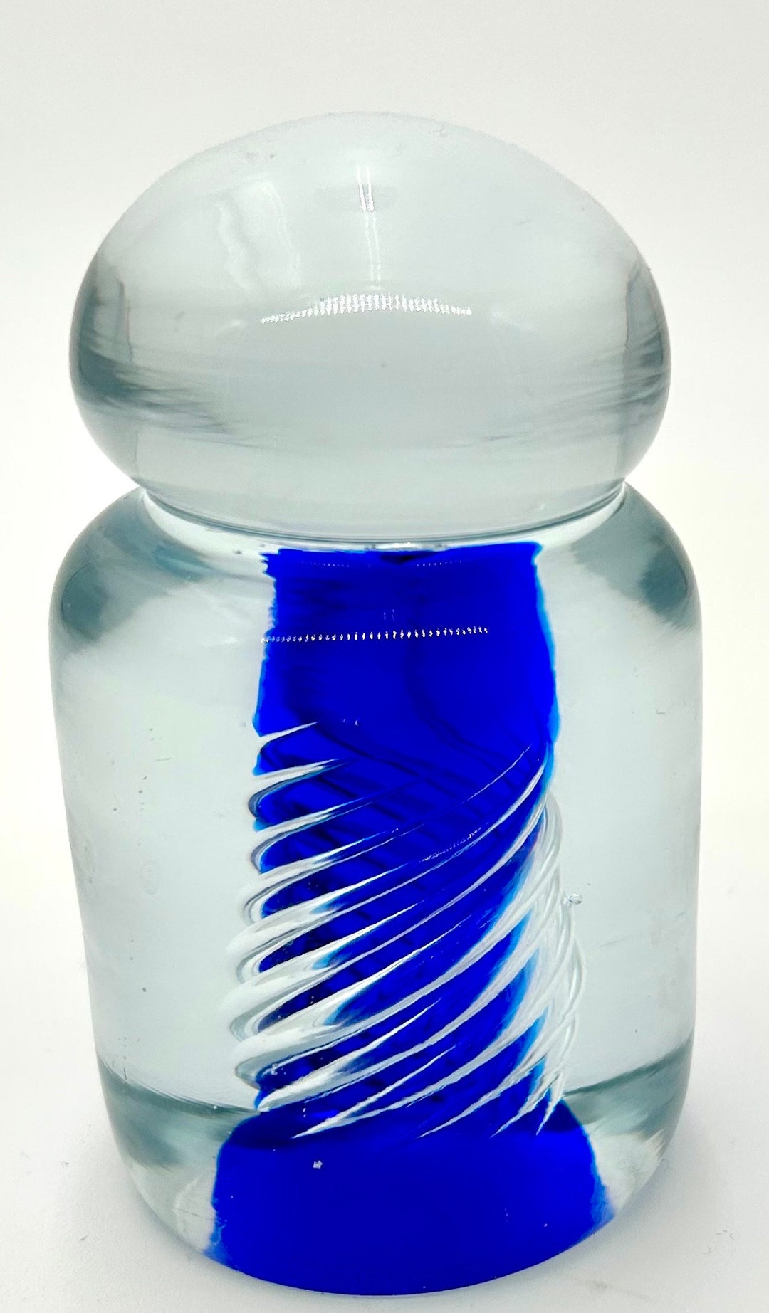 Blenko Art Glass Clear & Cobalt Blue Air Bubble Swirl Cylinder Shaped ...