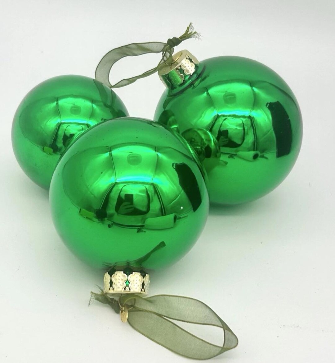 Frontgate Emerald Green Reflecting Mirror Glass Ball Ornaments Set Of 3 ...