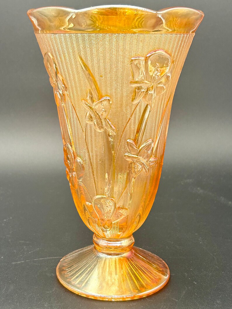 Vintage Carnival Glass Vase Herringbone Jeanette Glass Company Carnival Glass Vase in Marigold ...