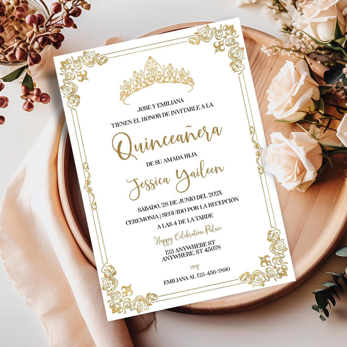 Spanish Elegant Gold Quinceanera Invite, Editable Quince Invite, Sweet ...