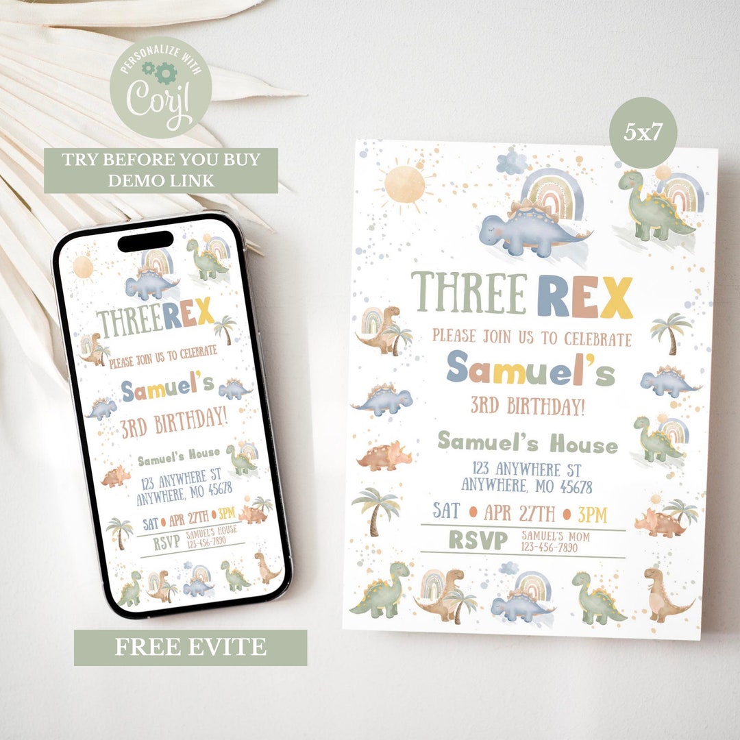 Three Rex Birthday Invitation, Dinosaur Birthday, Boy Dino Birthday ...