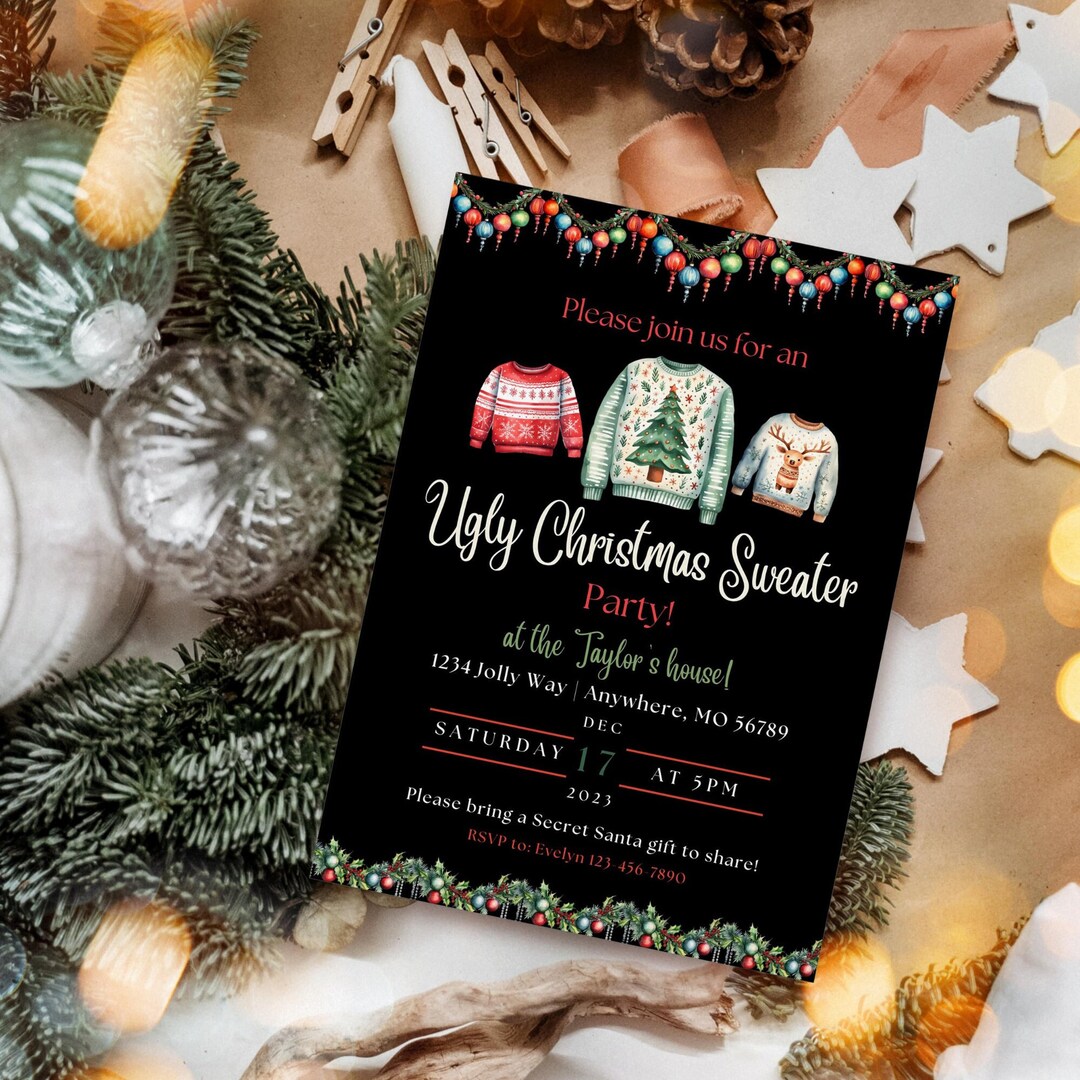 Ugly Christmas Sweater Invite, Black Template, Christmas Party, Secret ...