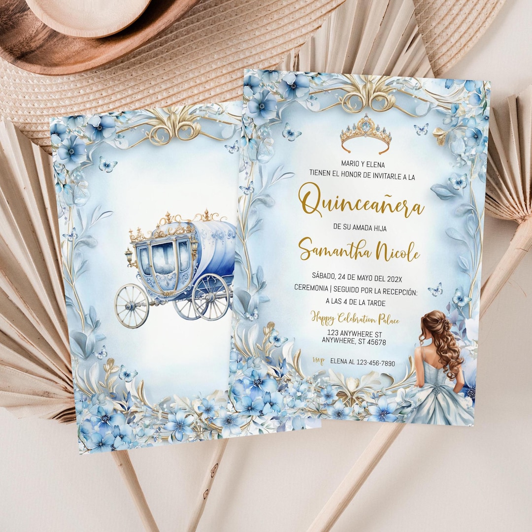 Spanish Blue & Gold Quinceanera Invitation, Blue Princess Quince Invite ...