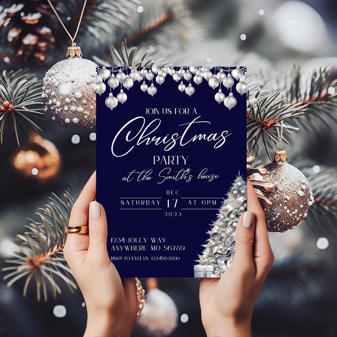 Silver & Blue Christmas Invitation, Holiday Party, Canva Template ...