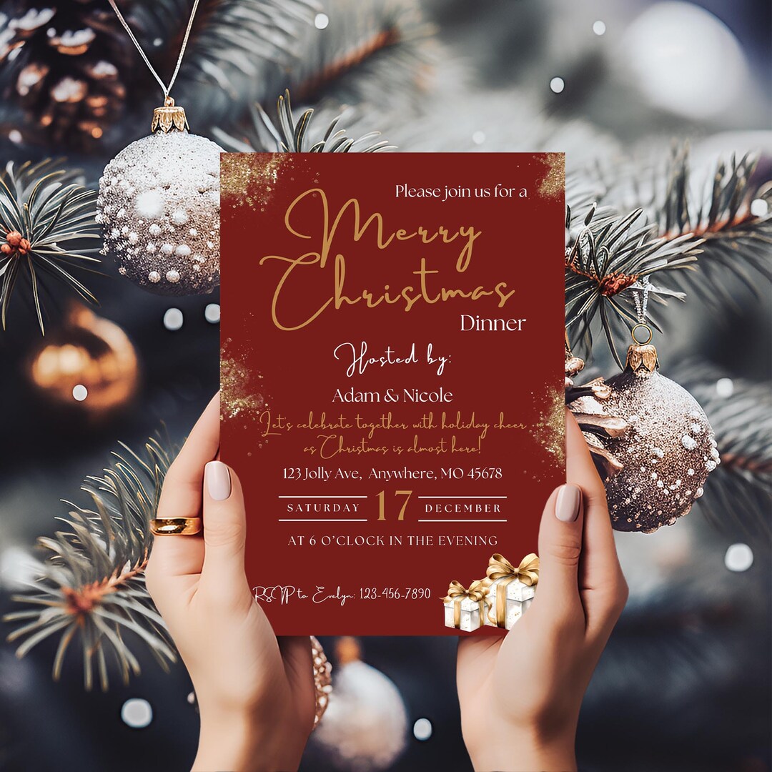 Red Christmas Party Invitation, Gold Christmas, Dinner Party, Canva ...