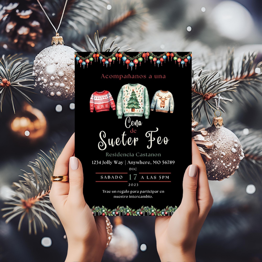 Spanish Ugly Sweater Xmas Invitation, Latino Holiday Party, Intercambio ...