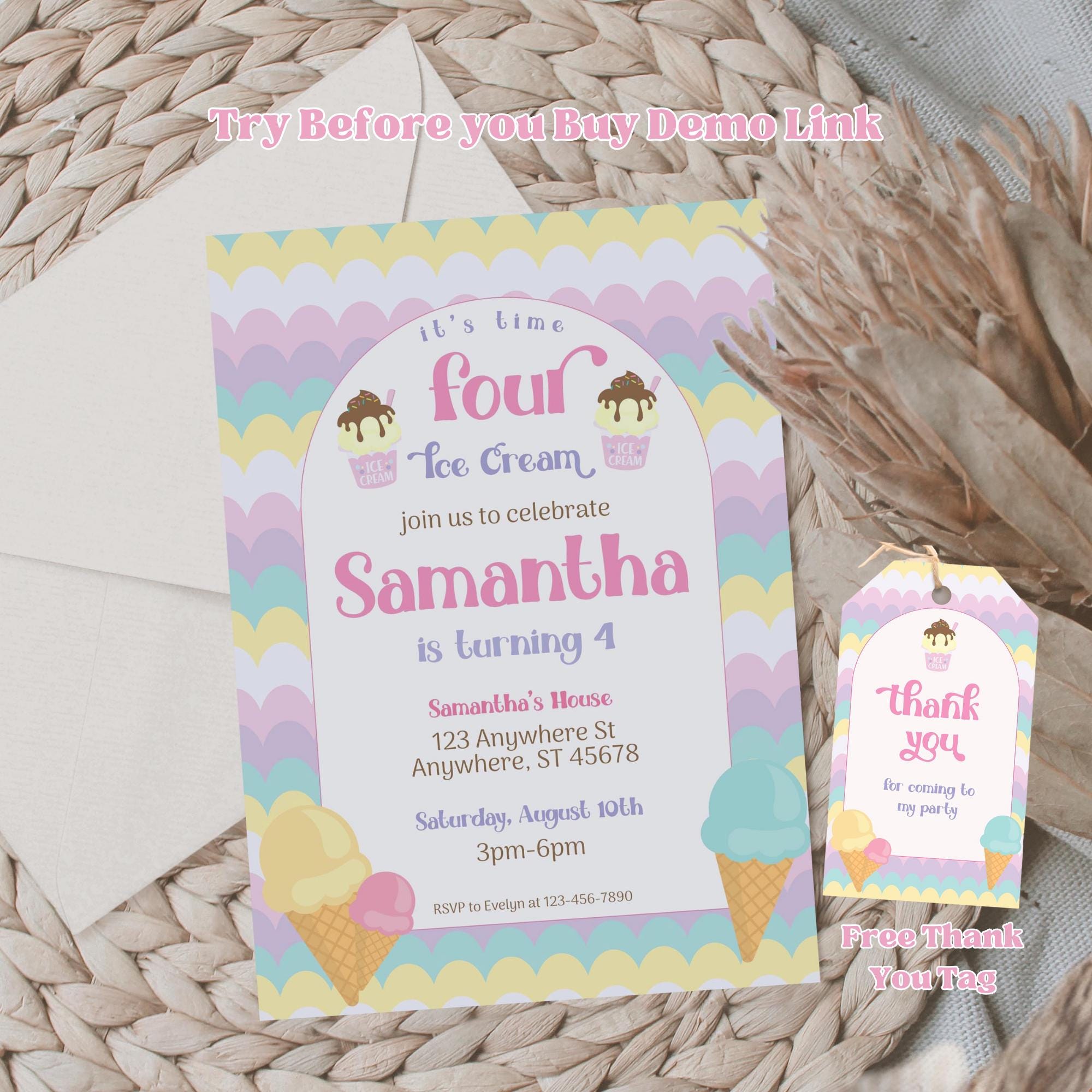 Editable Ice Cream Birthday Invitation, 4th Birthday, Four Ice Cream ...