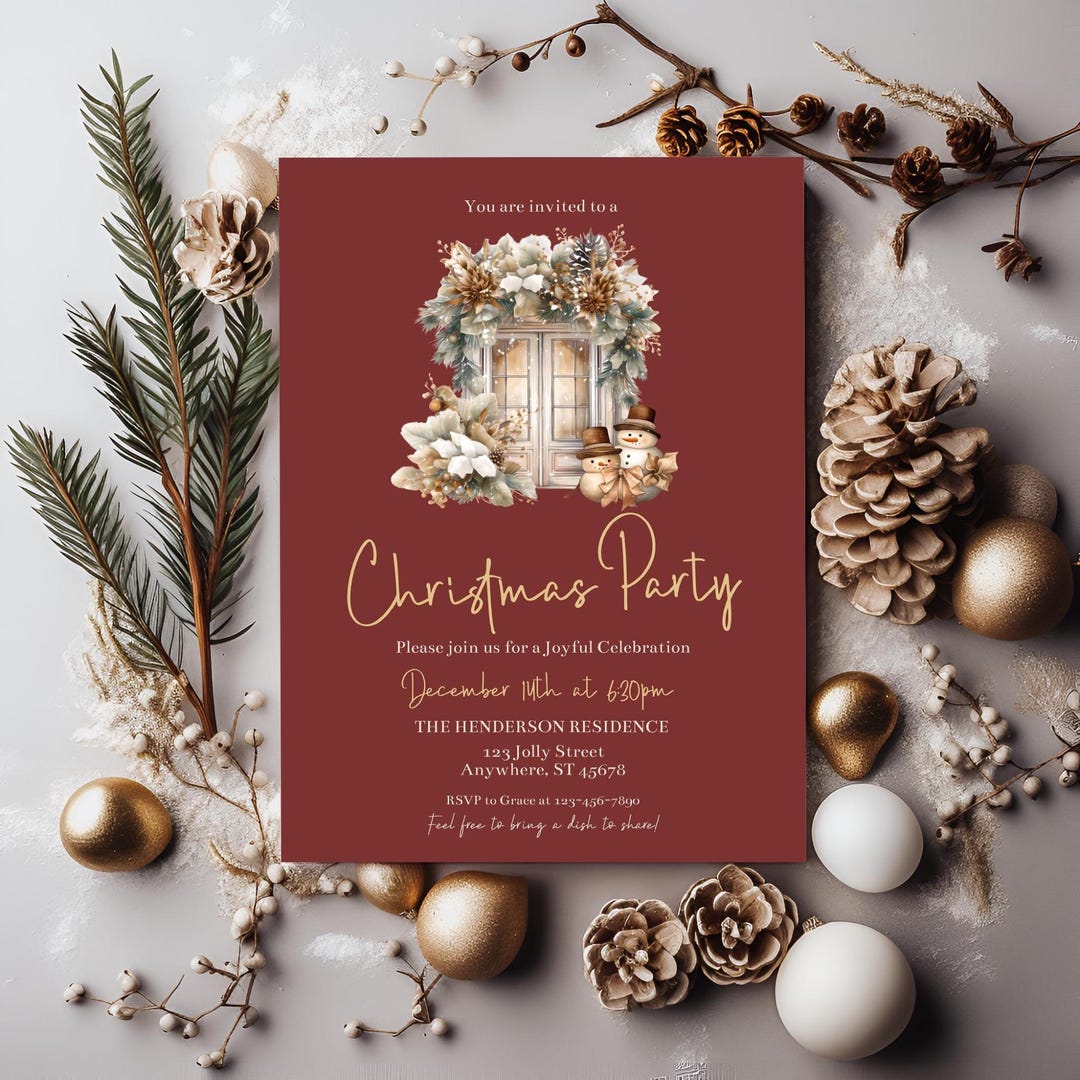 Editable Red and Gold Christmas Party Invite, Elegant Invite ...