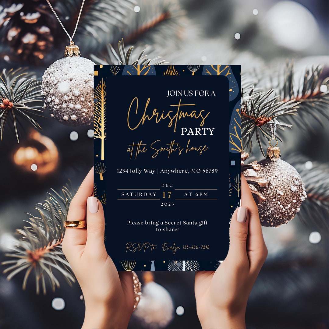Navy Blue Christmas Invitation Template, Canva Template, Gold, Editable ...