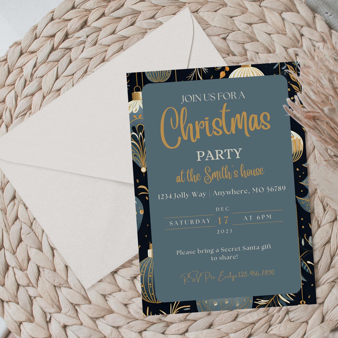 Editable Light Blue Christmas Invitation, Canva Template, Christmas ...