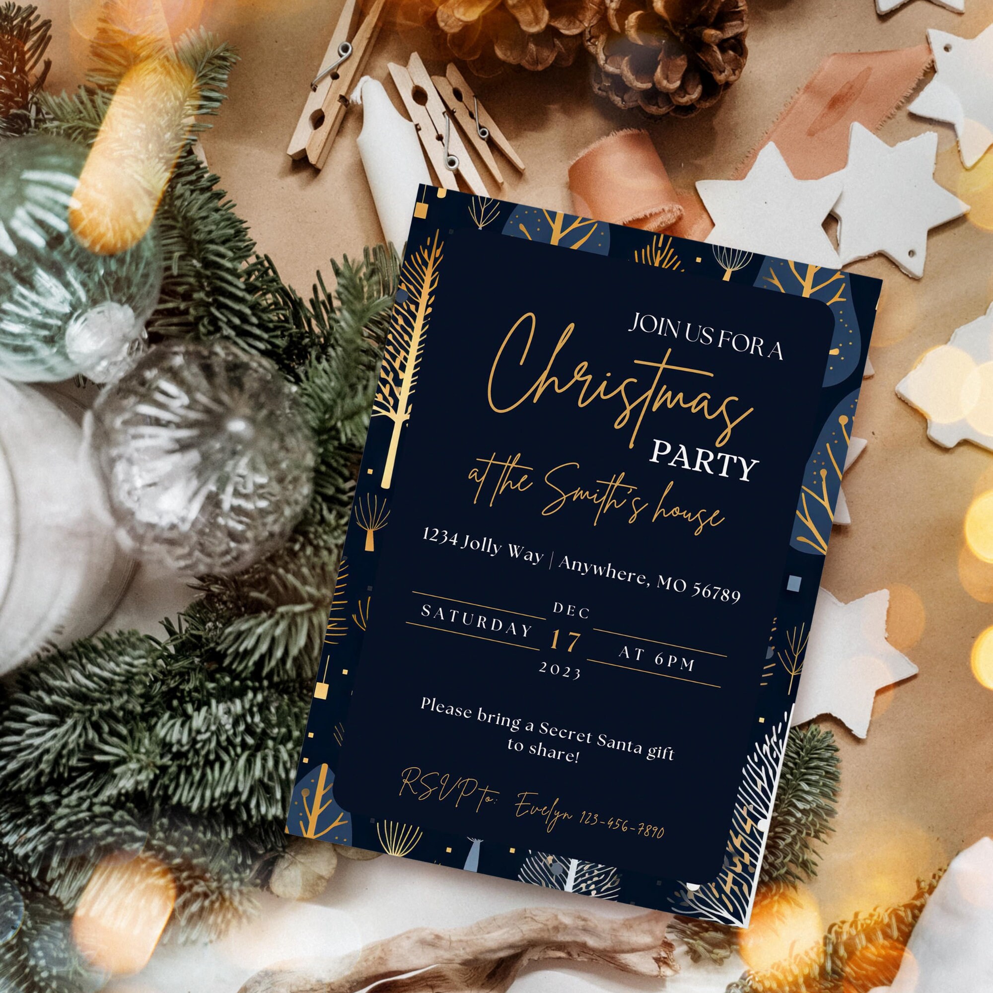 Navy Blue Christmas Invitation Template, Canva Template, Gold, Editable ...